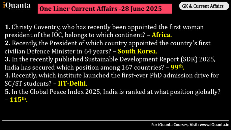Current Affairs One Liners - June 2025 | PDF
