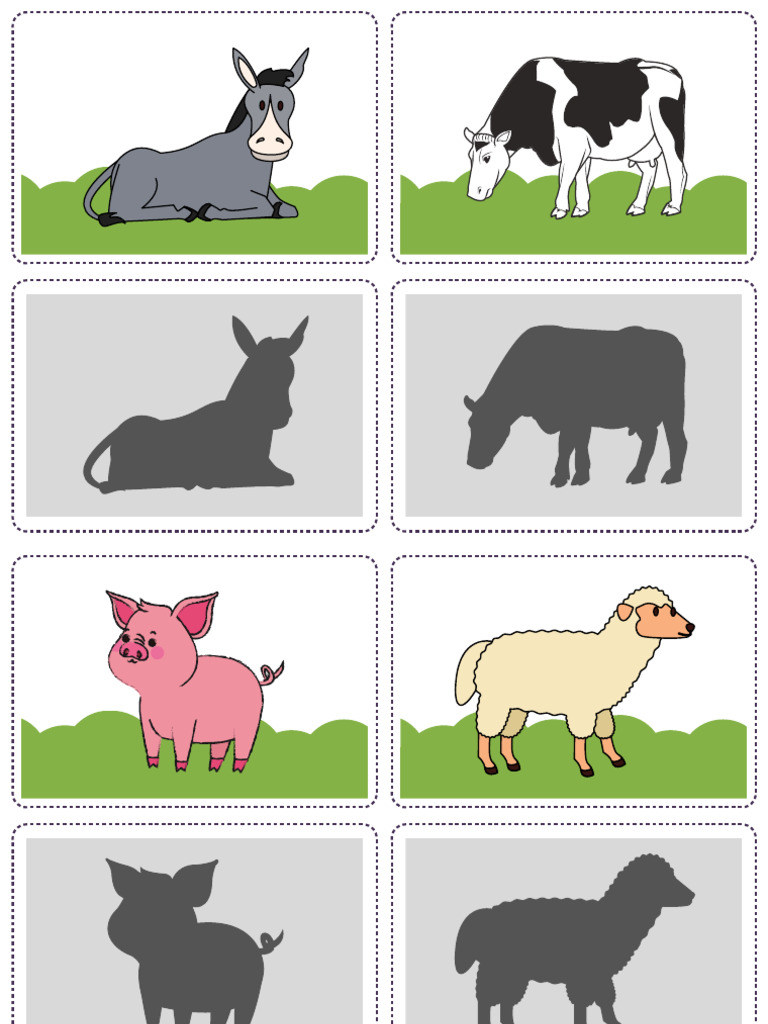 Colorful Farm Animals Shadows Memory Game Flashcards | PDF