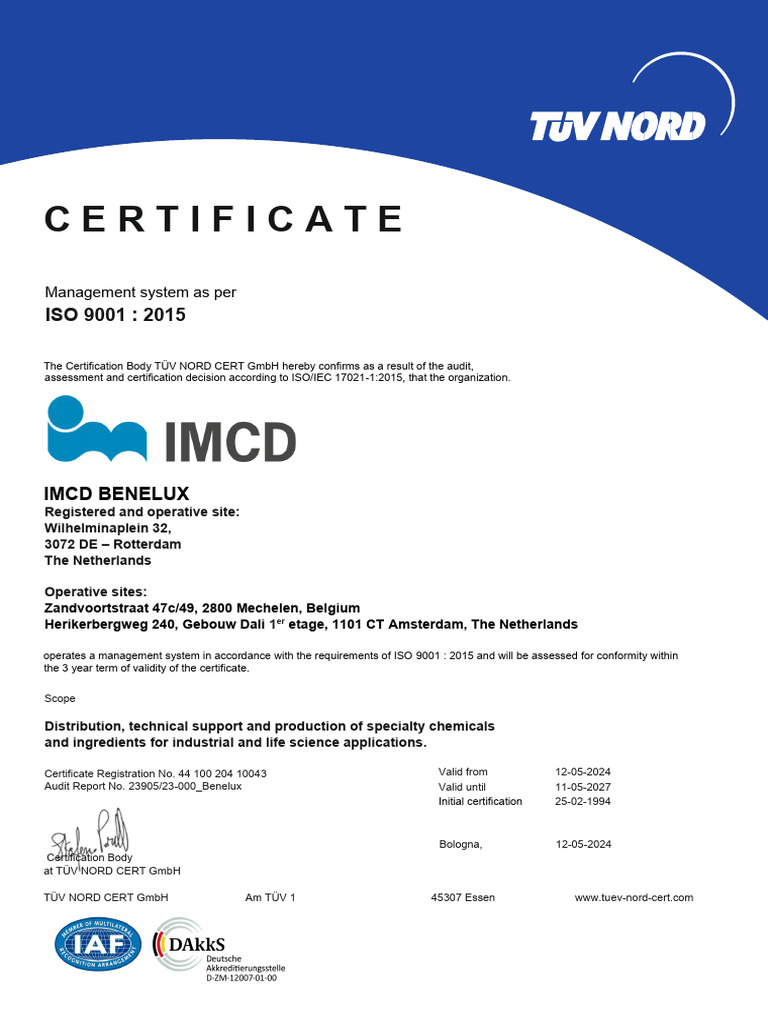 Imcd Benelux - BNL - Iso 9001 2015 - Exp 2027 05 11 | PDF