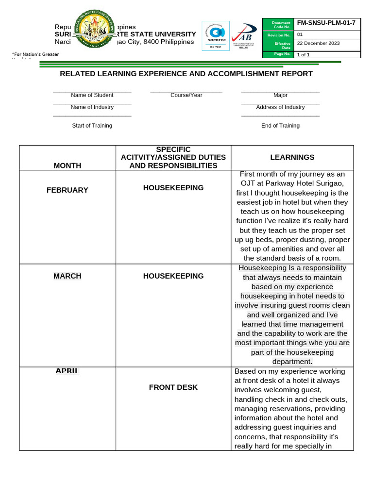 OJT Experience Report at Parkway Hotel | PDF | Housekeeping | Hotel