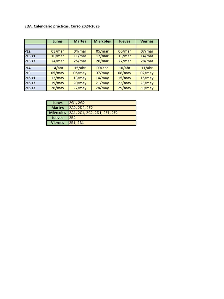 EDA Tabla Calendario Prácticas 24-25 | PDF