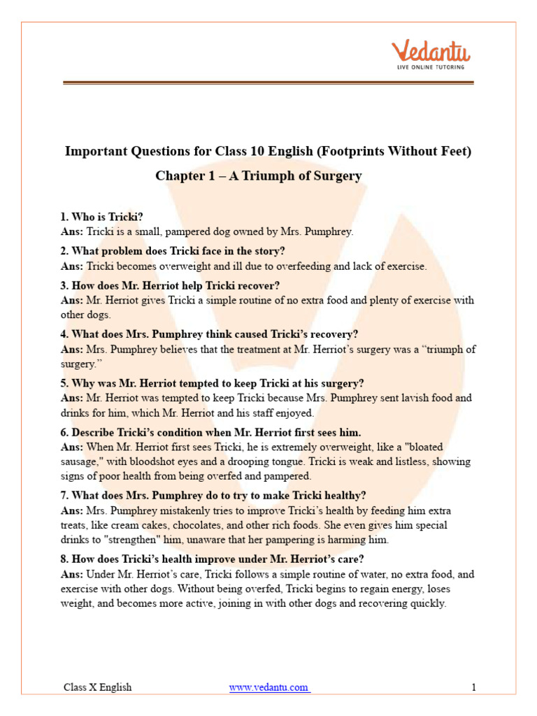 Important Questions For Class 10 English Footprints Without Feet Chapter 1 | PDF | Dieting | Pet