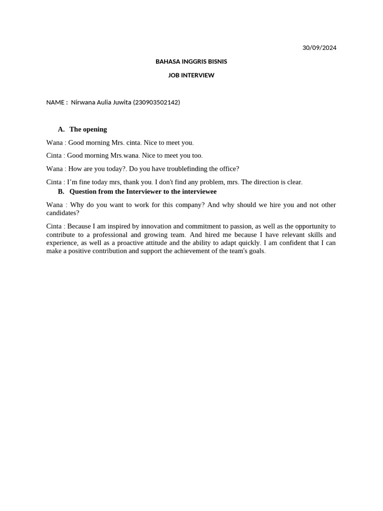 Bing Job Interview Nirwana Aulia | PDF