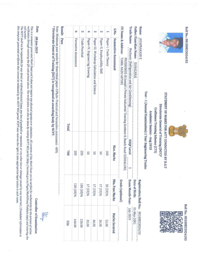 Iti 1st Year Marksheet | PDF
