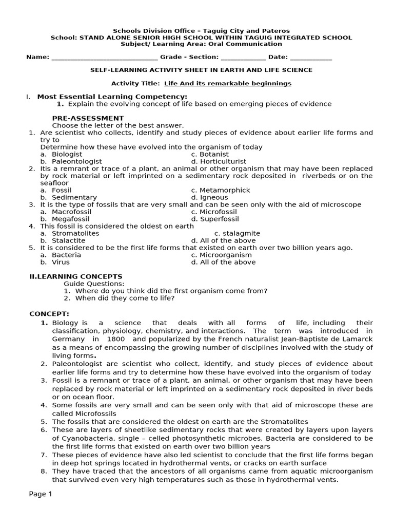 Earth and Life Science Activity Sheet | PDF | Abiogenesis | Life