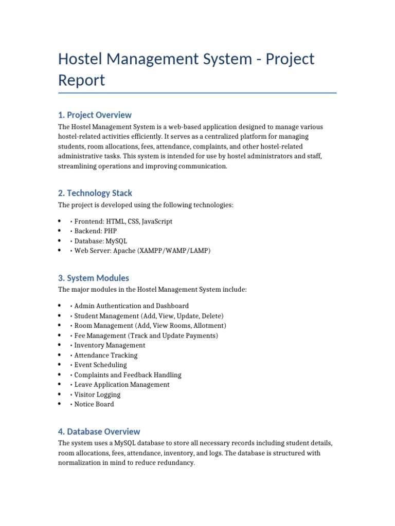 Hostel Management Project Report | PDF