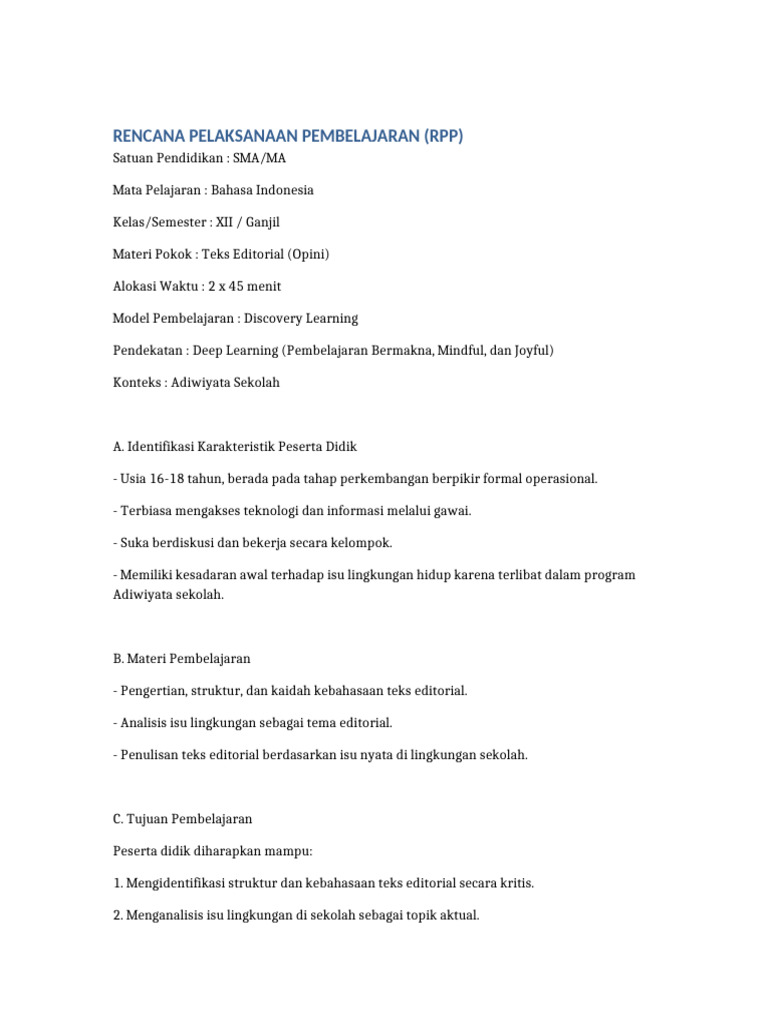 RPP Deep Learning Adiwiyata | PDF