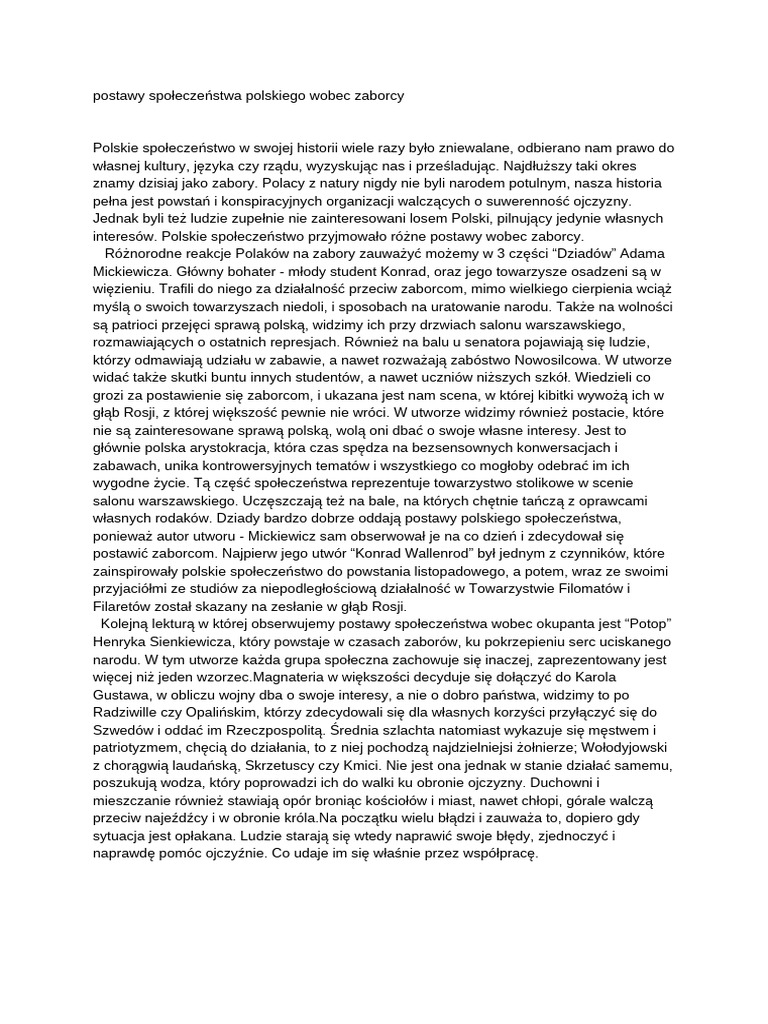 Postawy Społeczeństwa Polskiego Wobec Zaborcy | PDF