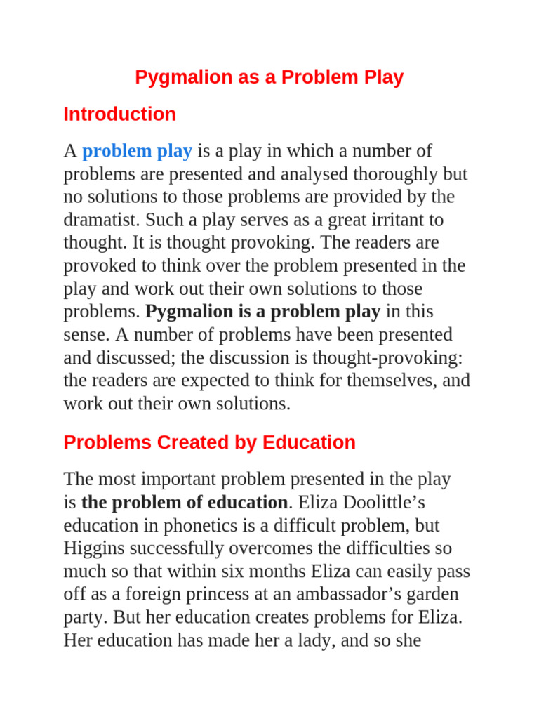 Pygmalion As A Problem Play | PDF | Pygmalion (Play)