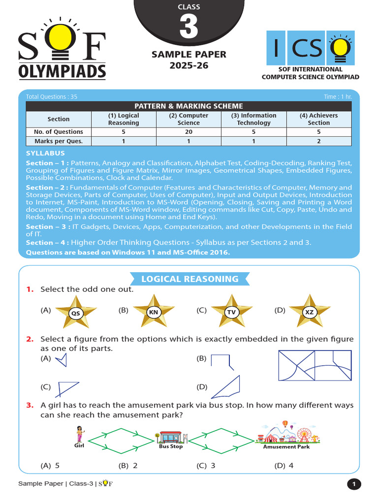 Icso Sample Paper Class-3 2025-26 | PDF | Microsoft Word | Computer Monitor