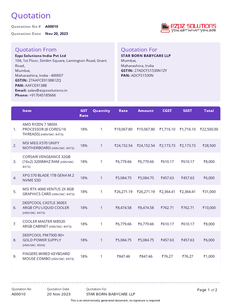 Quotation A00010 Ezpz Solutions India PVT LTD Star Born Babycare LLP | PDF | Computing ...
