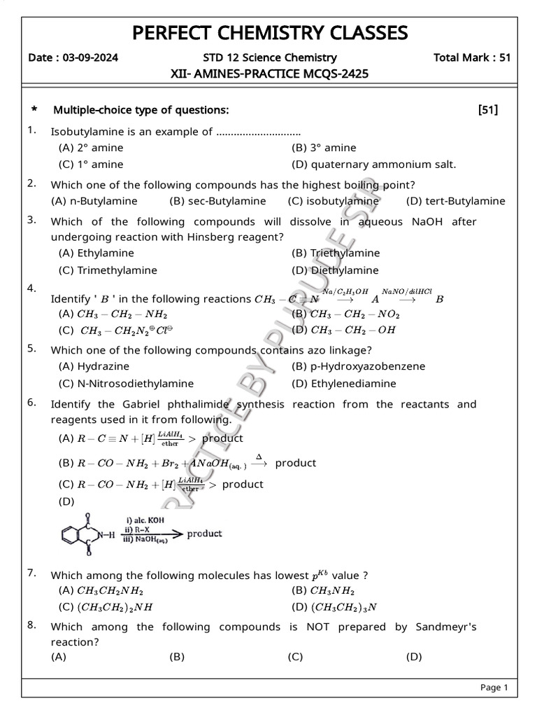 Xii Amines Practice Mcqs 2425 | PDF | Amine | Chemistry