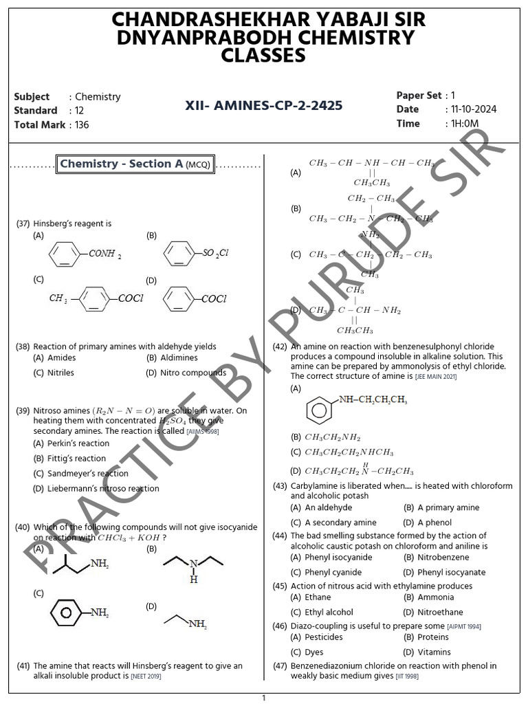 Chemistry Practice Paper on Amines | PDF | Amine | Functional Group