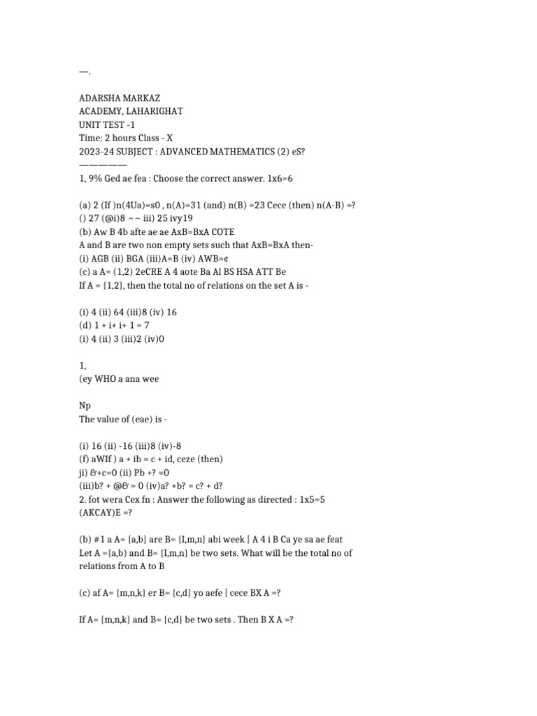 Advanced Mathematics Unit Test X | PDF