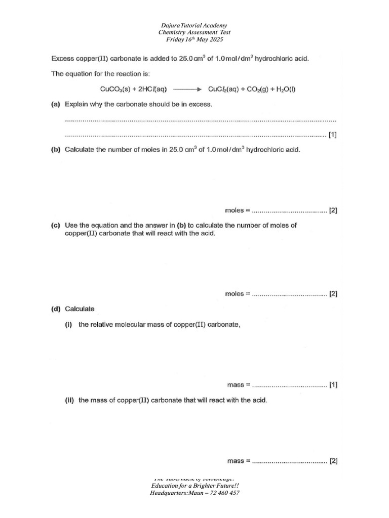 Dajura Academy Chemistry Test 2025 | PDF