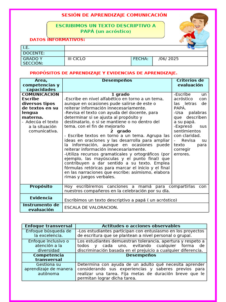 Sesión de Aprendizaje: Acrósticos para Papá | PDF | Evaluación ...