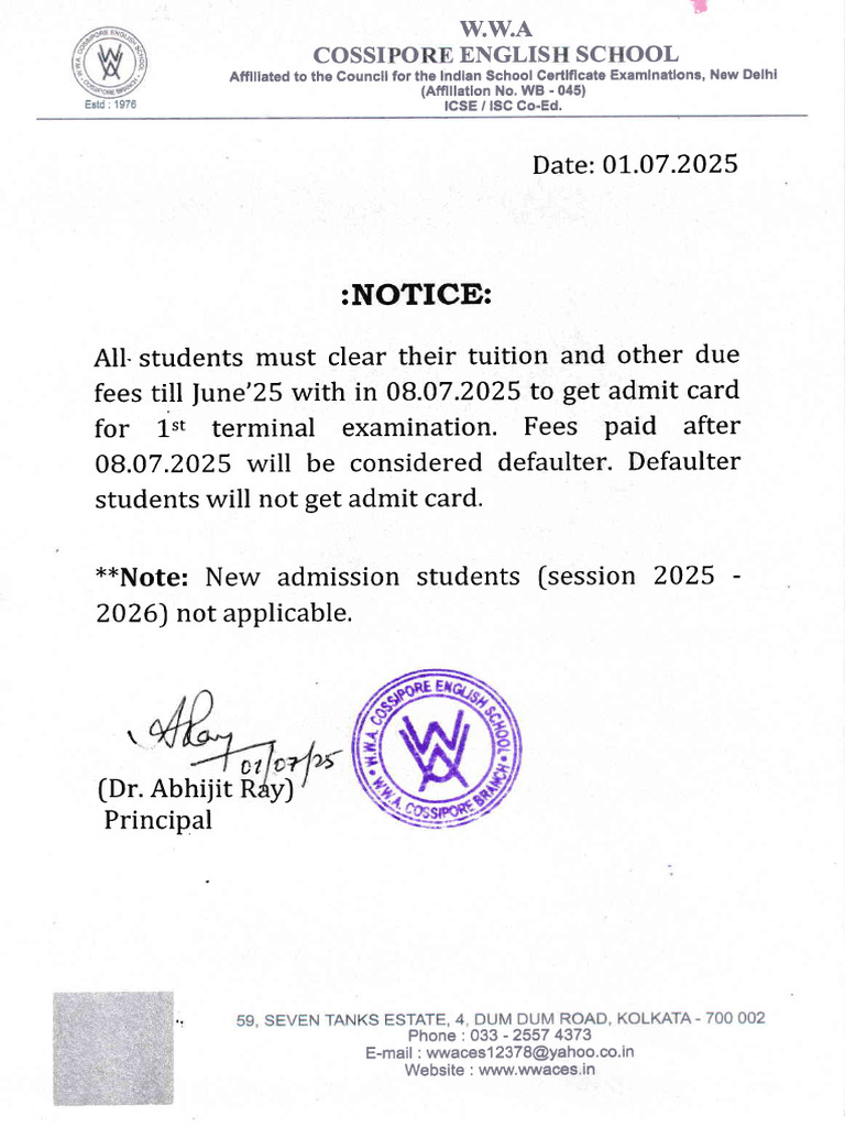 Fees Clear Notice For 1st Term Exam (2025-2026) | PDF