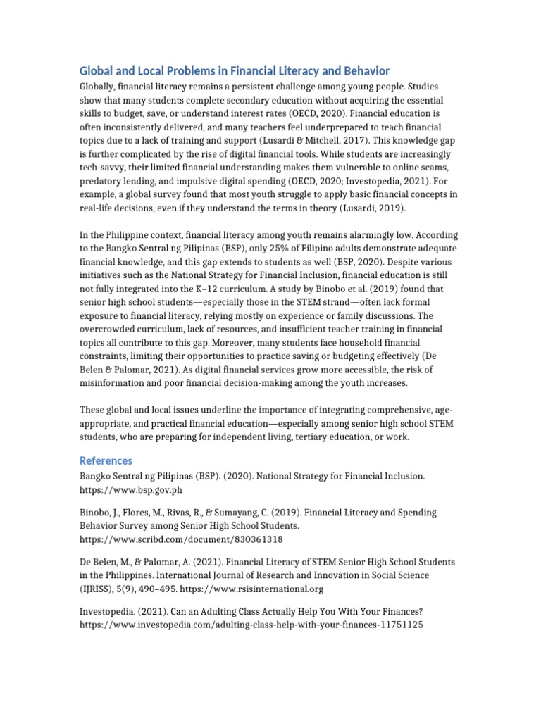 Financial Literacy Problems Global Local | PDF | Financial Literacy ...