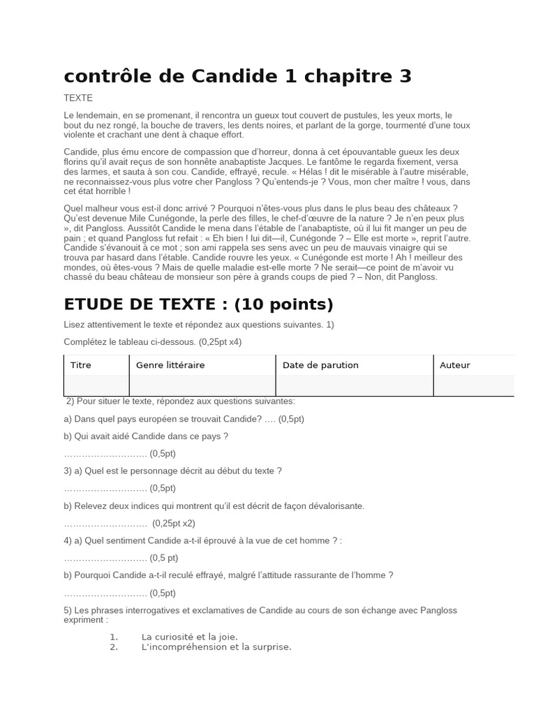 Contrôle Candide Chapitre 3 | PDF | Candide