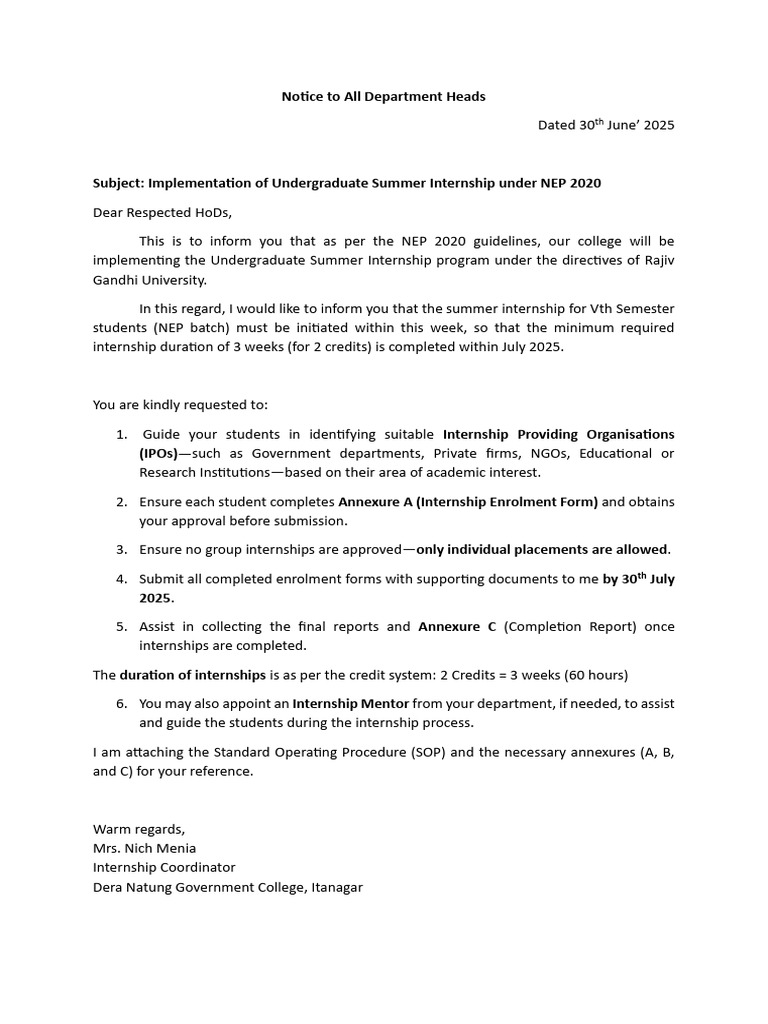 Internship Implementation Notice | PDF
