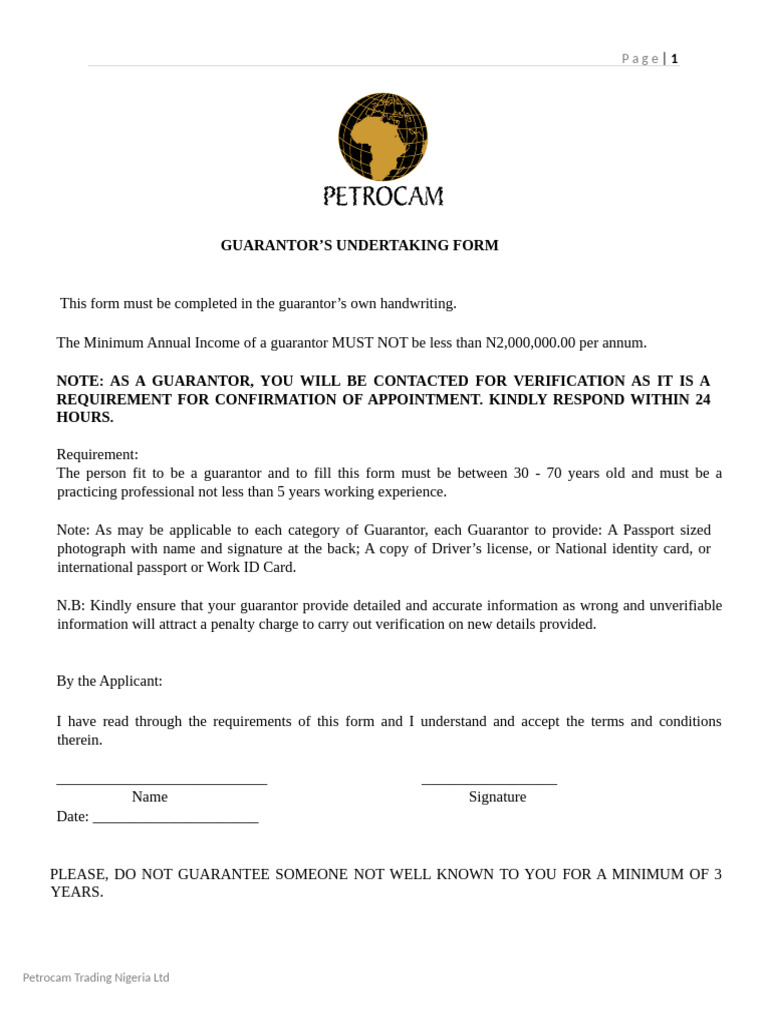 PETROCAM - Guarantor's Undertaking Form | PDF | Identity Document ...