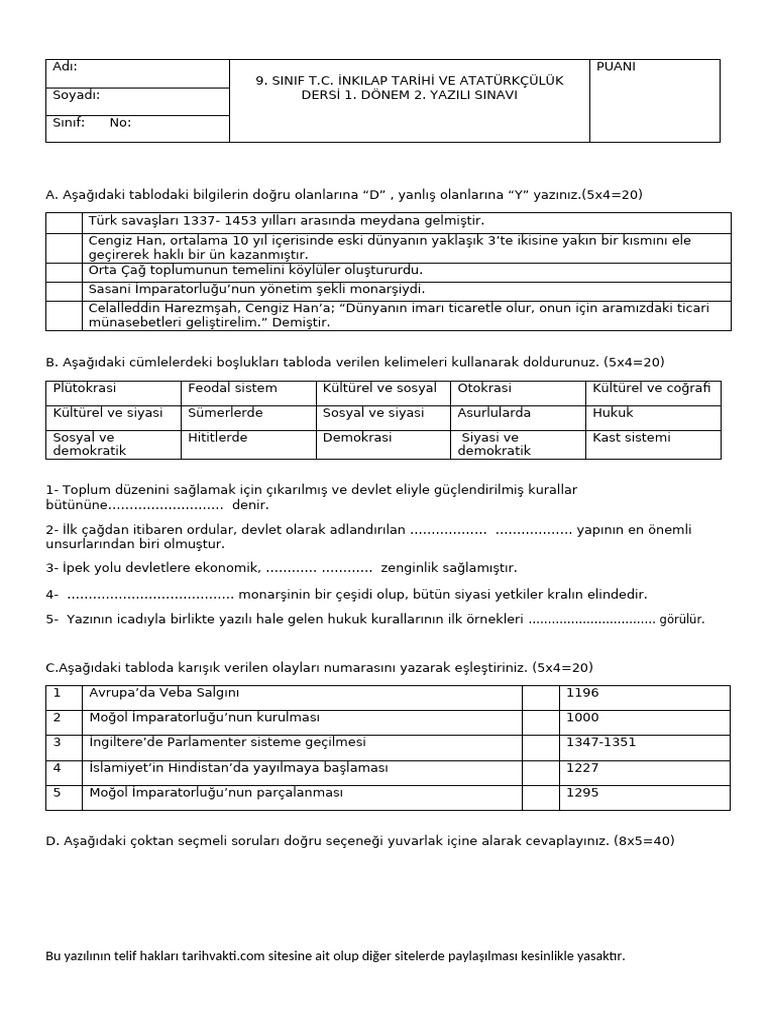 9 Sinif Tarih Dersi 1 Donem 2 Yazili Sorulari | PDF