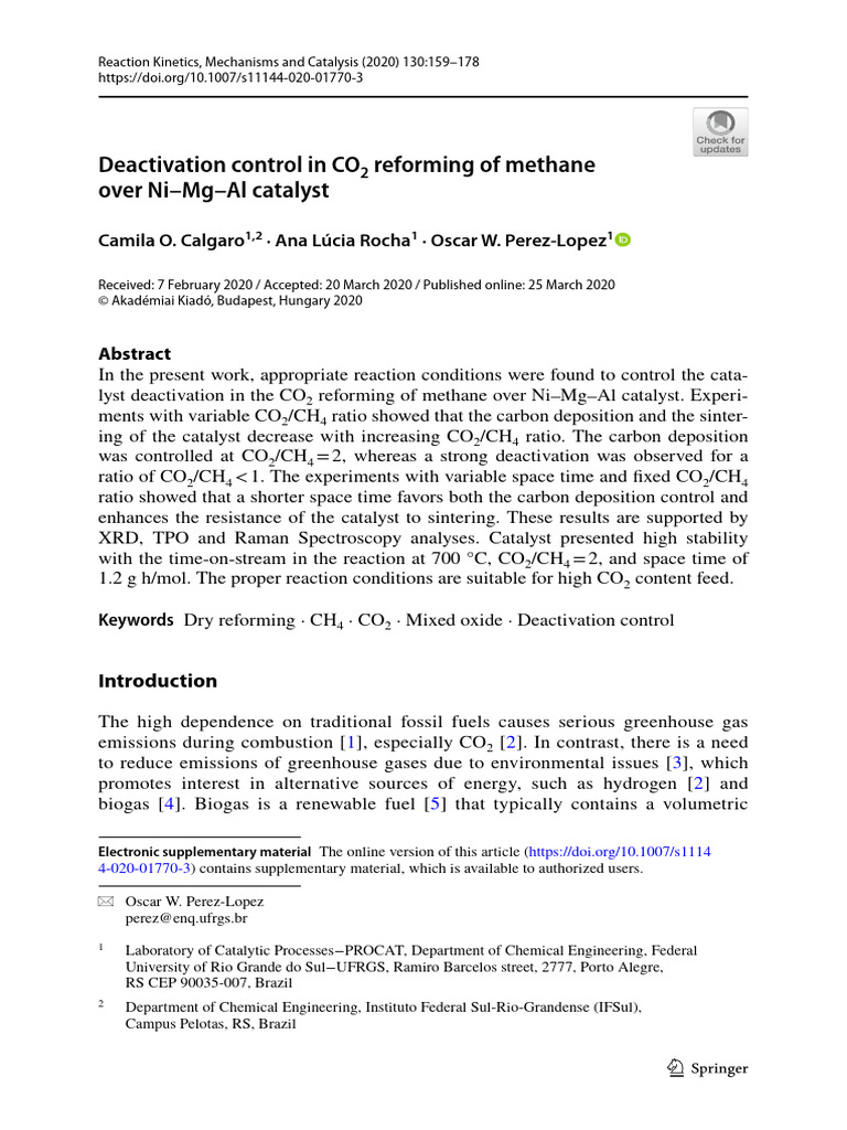 CO2 Reforming of Methane: Catalyst Deactivation Control | PDF ...