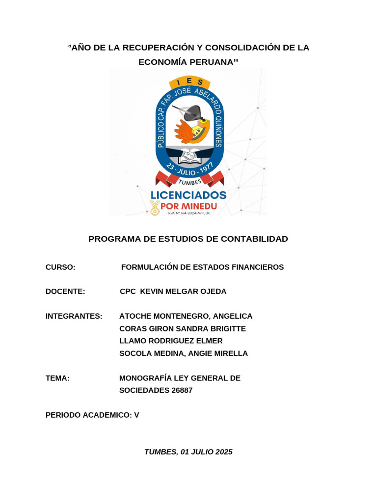 Monografia Ley General de Sociedades | PDF | Sociedad de responsabilidad limitada | Sociedad General