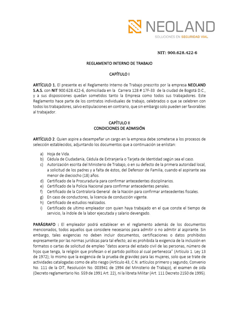 Reglamento Interno de NEOLAND S.A.S. | PDF | Salario | Derecho laboral