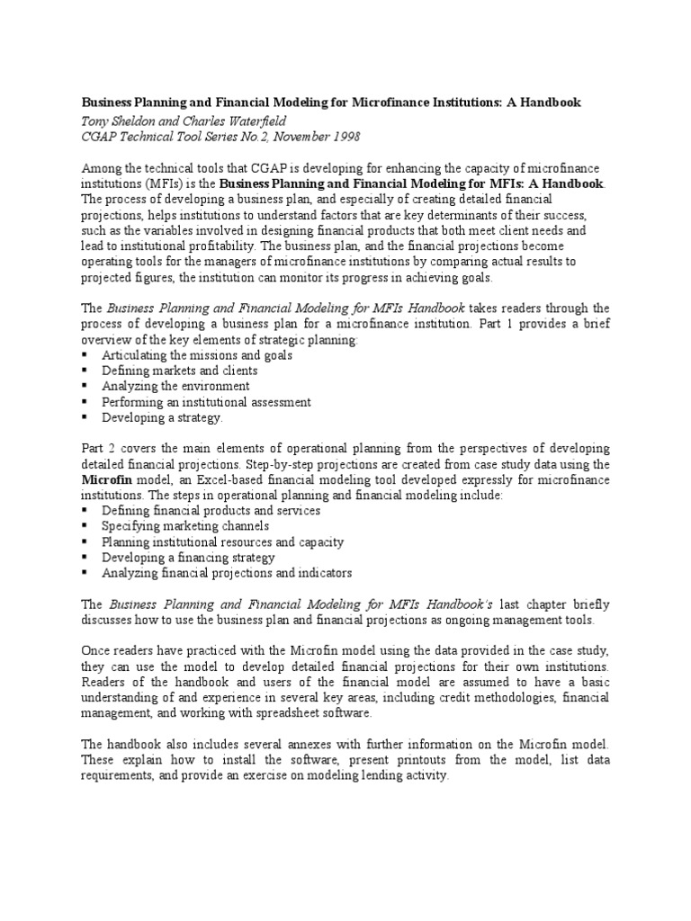 Business Planning and Financial Modeling For Microfinance Institutions ...