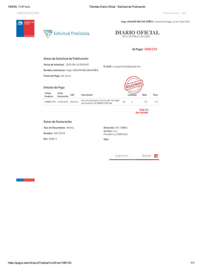 Comprobante Publicación Diario Oficial. 18.06.2025 | PDF