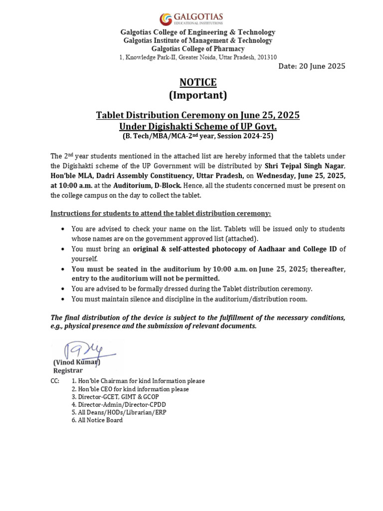 Regarding Tablet Distribution Ceremony On June 25, 2025 Under Digishakti Scheme of UP Govt | PDF