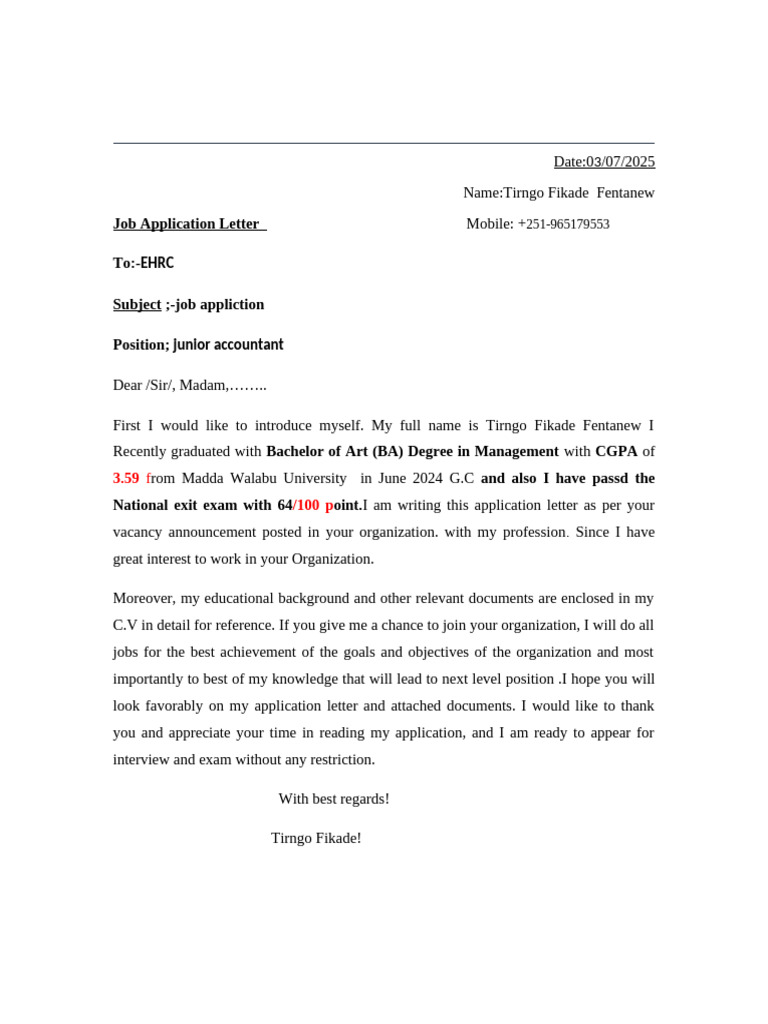 Job Application Letter To:-Subject - Job Appliction Position | PDF