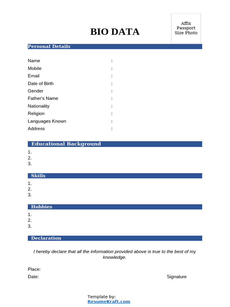 Fresher Bio Data Template | PDF