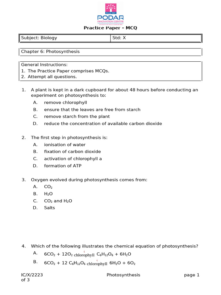 IC X Bio CH 6 Photosynthesis MCQ | PDF | Photosynthesis | Photochemistry