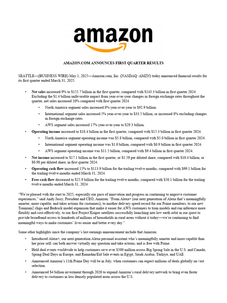 AMZN Q1 2025 Earnings Release | PDF | Equity (Finance) | Financial ...