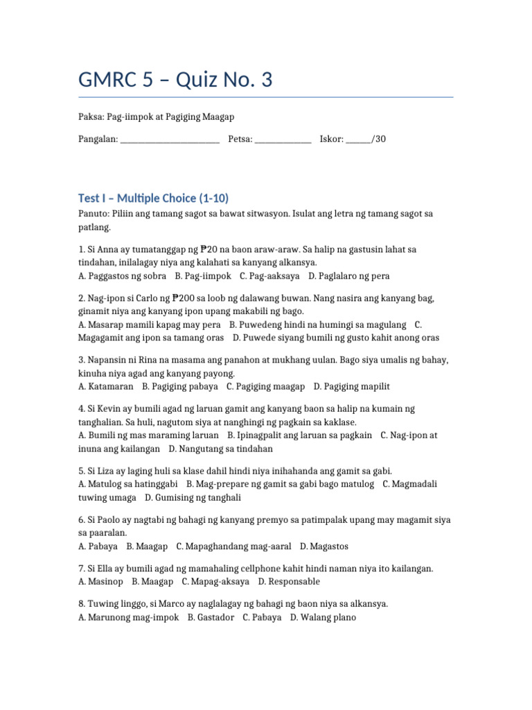 GMRC 5 Quiz No 3 | PDF