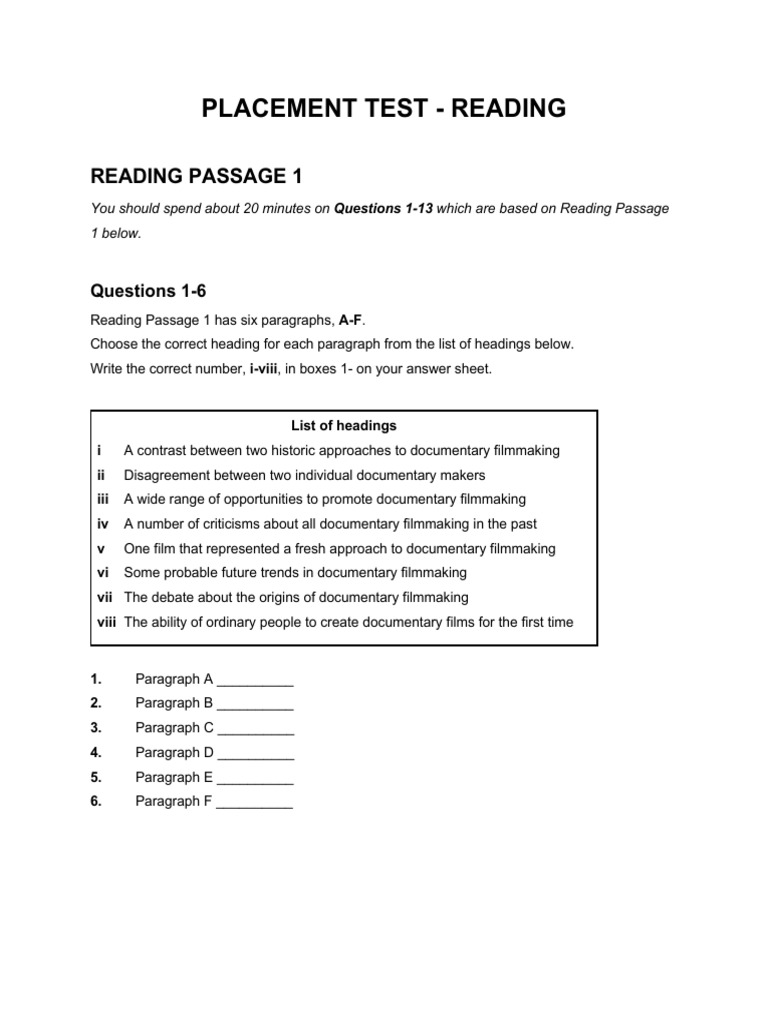 Reading Placement Test Ver1 | PDF | Documentary Film