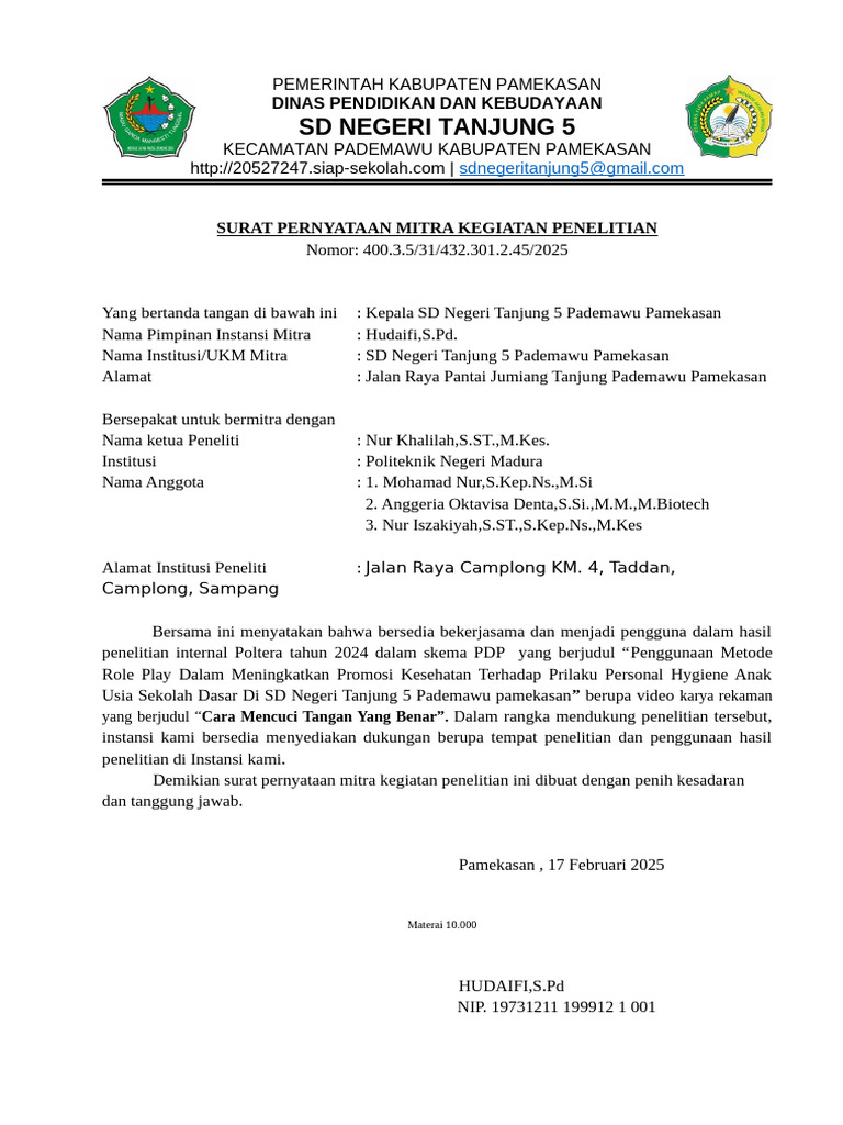 Surat Pernyataan Mitra Penelitian SD Tanjung 5 | PDF