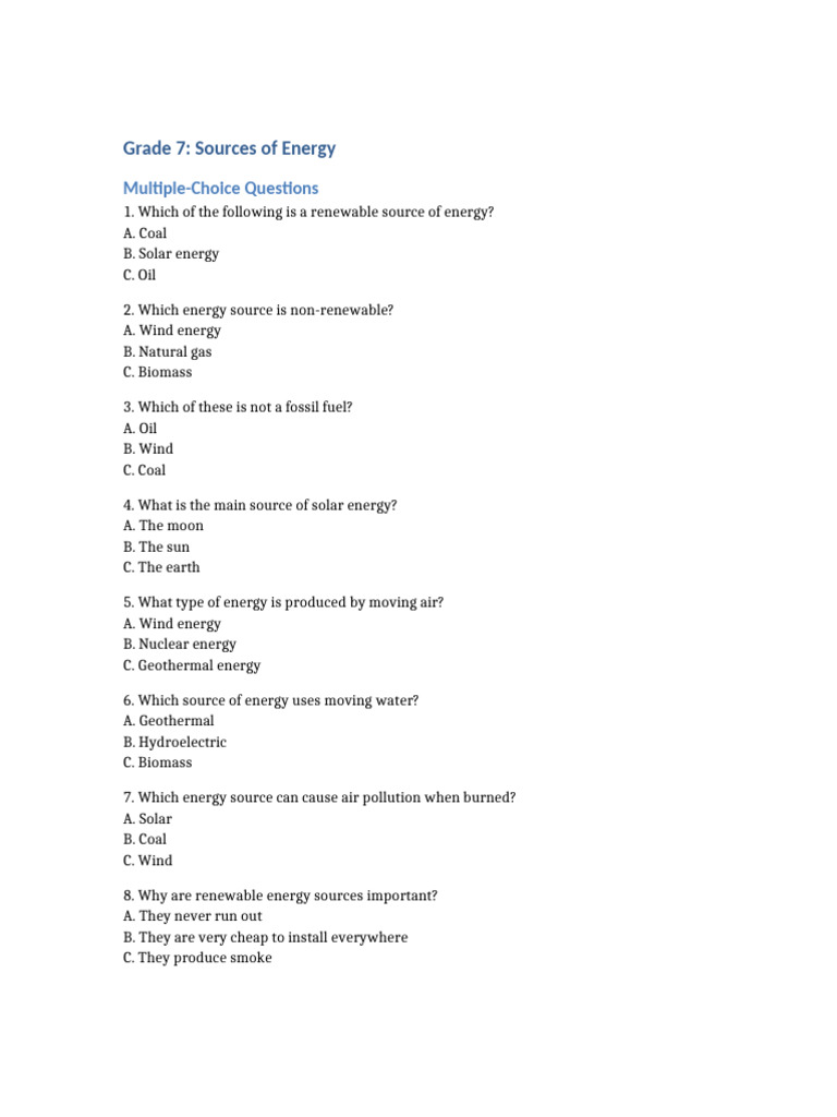 Grade 7 Energy Sources Quiz | PDF | Energy Development | Renewable Energy