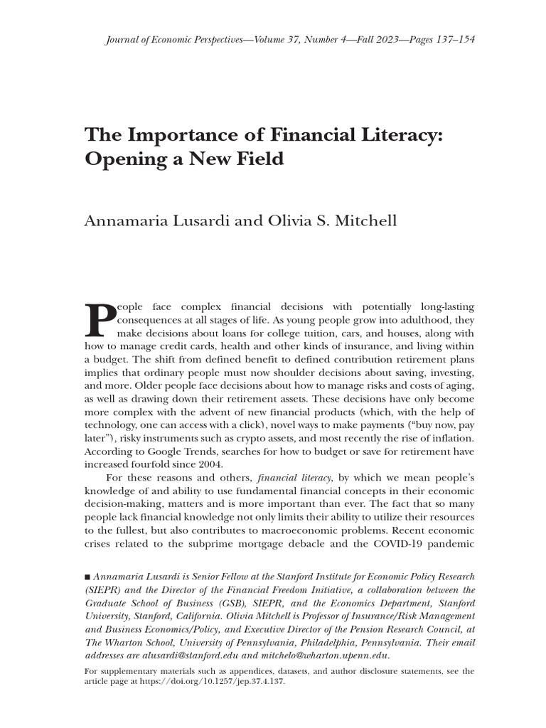 Importance of Financial Literacy Opening A New Field | PDF | Financial ...