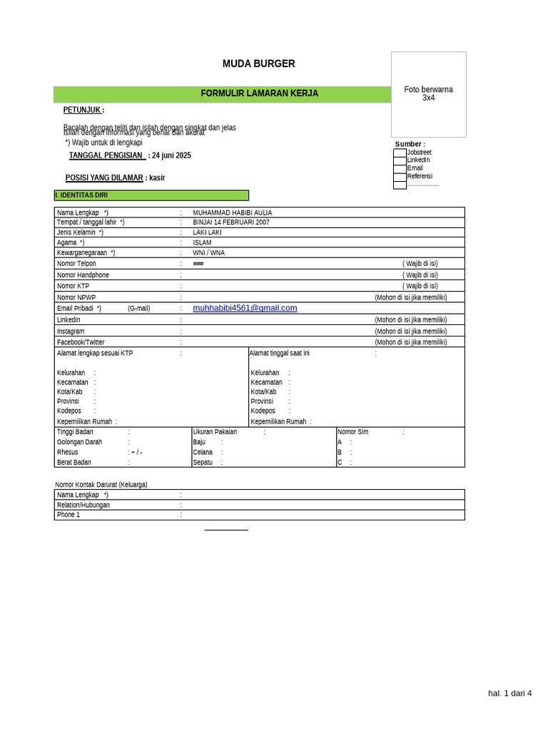Form Lamaran Kerja Muda Burger | PDF