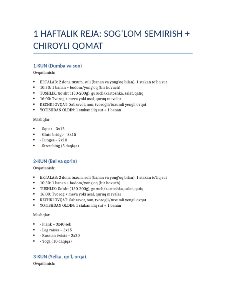 1 Haftalik Semirish Qomat Rejasi | PDF