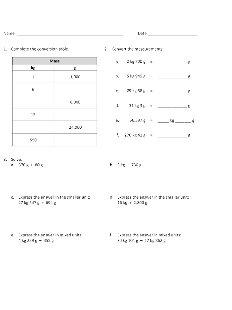 4.MD .A.2 4th Grade Mass Weight Word Problems Worksheets | PDF