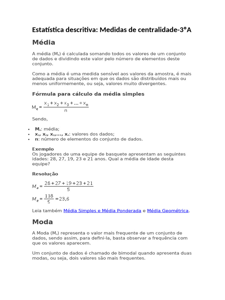 Estatística Descritiva | PDF | Média | Modo (Estatística)