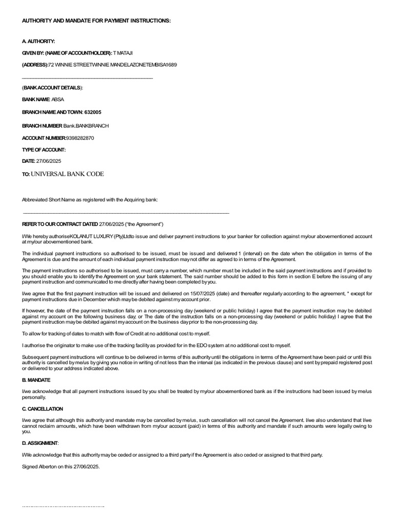 Tshuku Malatji Mandate Contract 27 June 2025 | PDF | Banks | Payments