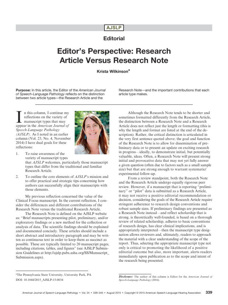 Wilkinson Editor S Perspective Research Article Versus Research Note ...