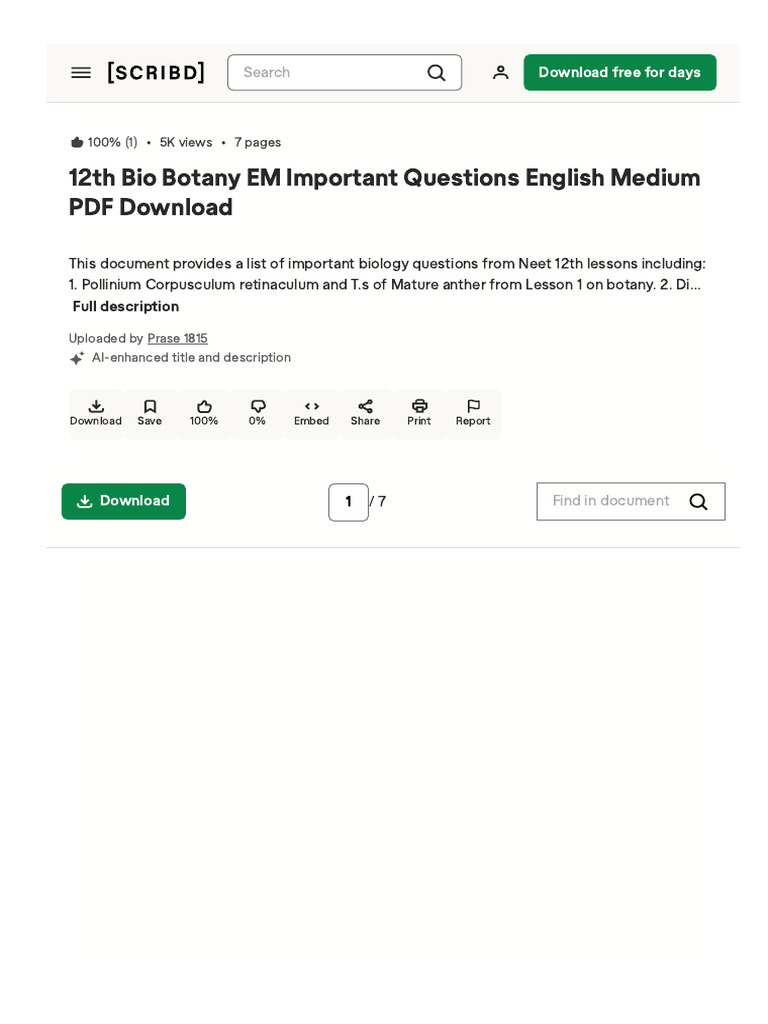 Document65476773712th Bio Botany EM Important Questions English Medium PDF Download | PDF