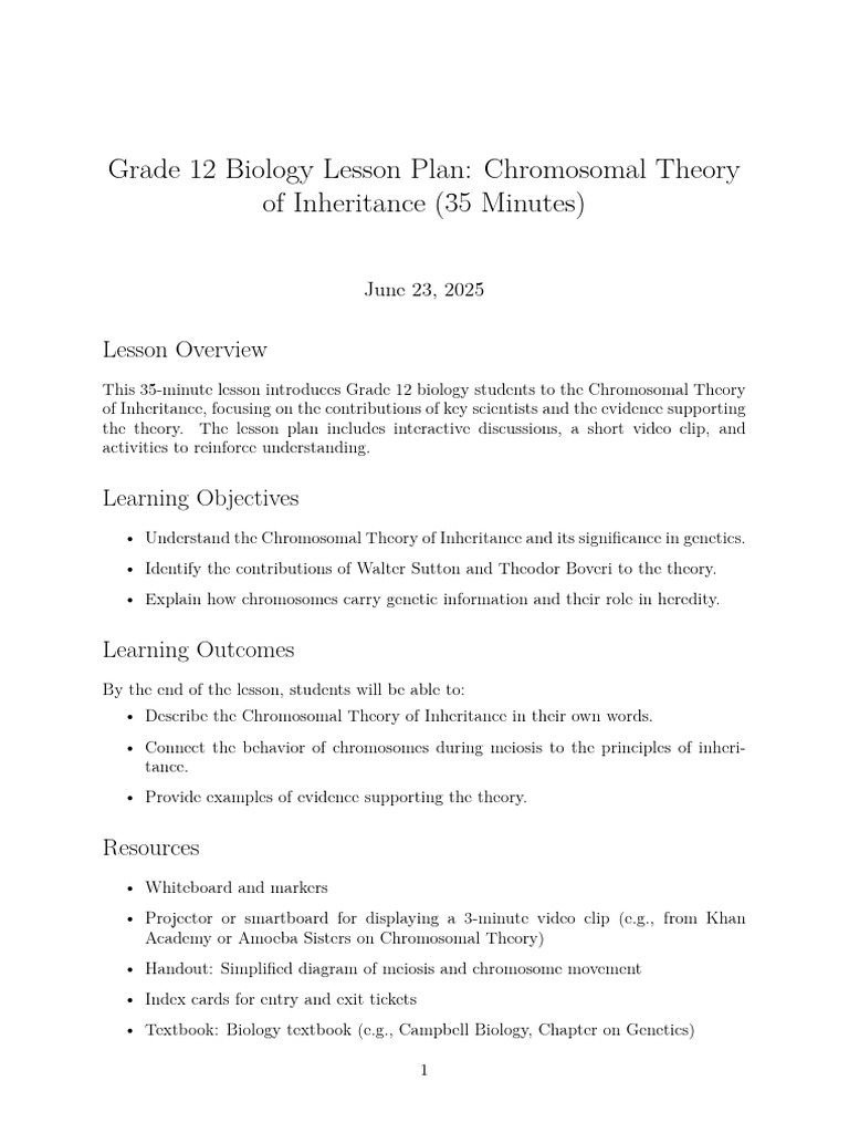 Grade 12 Biology Lesson Plan: Chromosomal Theory of Inheritance (35 ...