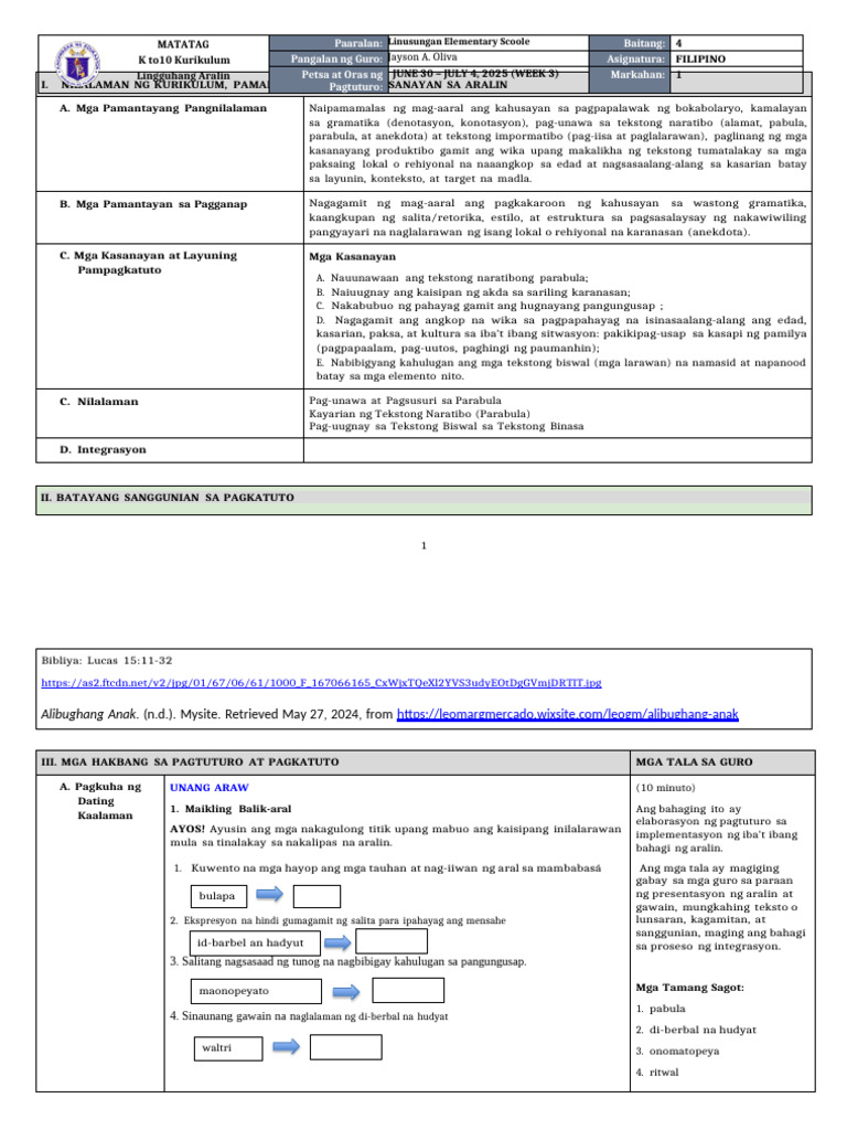 DLL Matatag - Filipino 4 q1 w3 | PDF